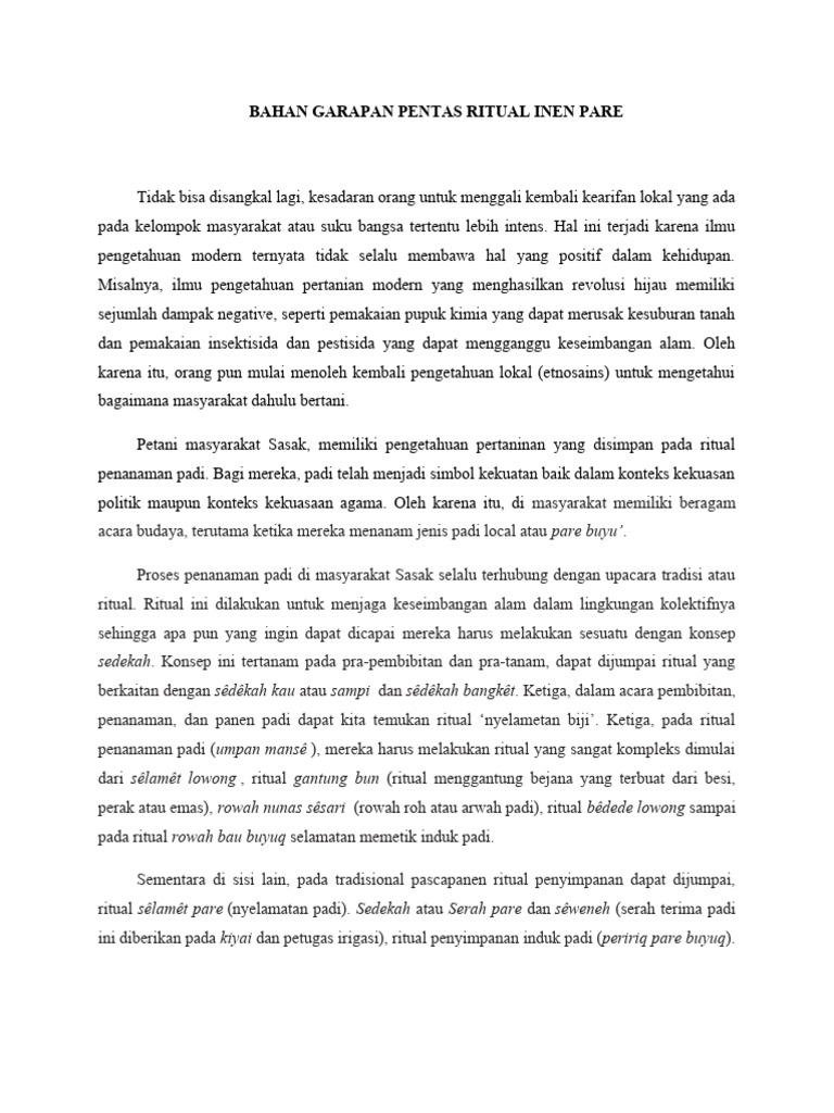 Bahan Garapan Pentas Ritual Inen Pare | PDF