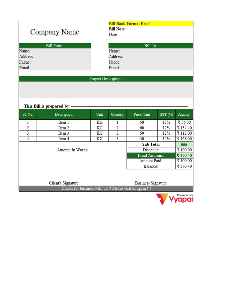 Bill Book Format Excel 01 | PDF