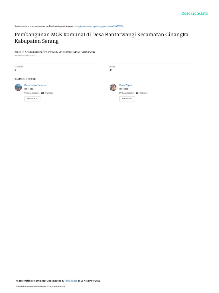 Pembangunan MCK Komunal Di Desa Bantarwangi Kecama | PDF