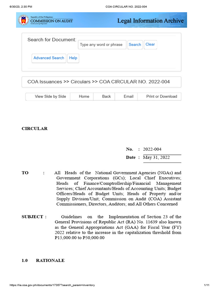 COA CIRCULAR NO. 2022-004 15k To 50k | PDF | Audit | Depreciation