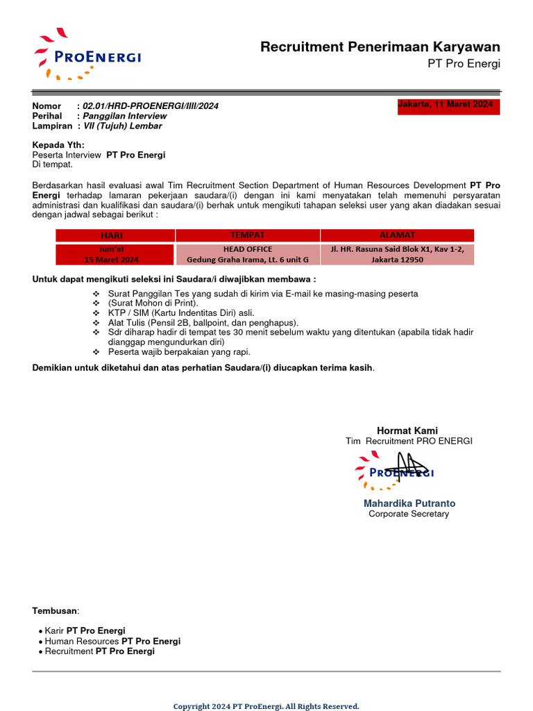 Surat Panggilan Interview PT Pro Energi | PDF