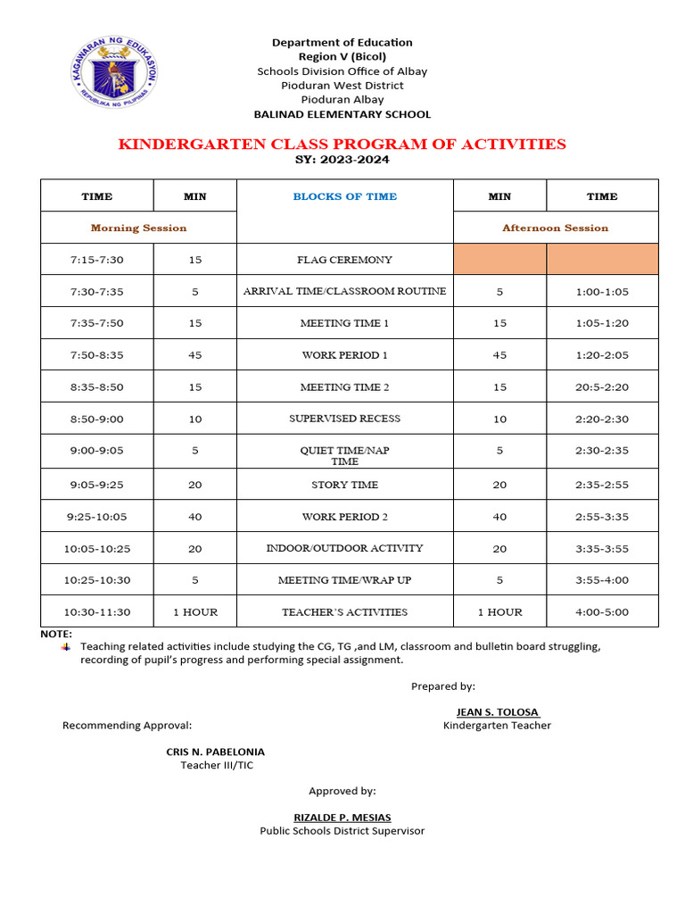Kinder Class Program 23 24 | PDF | Learning | Youth