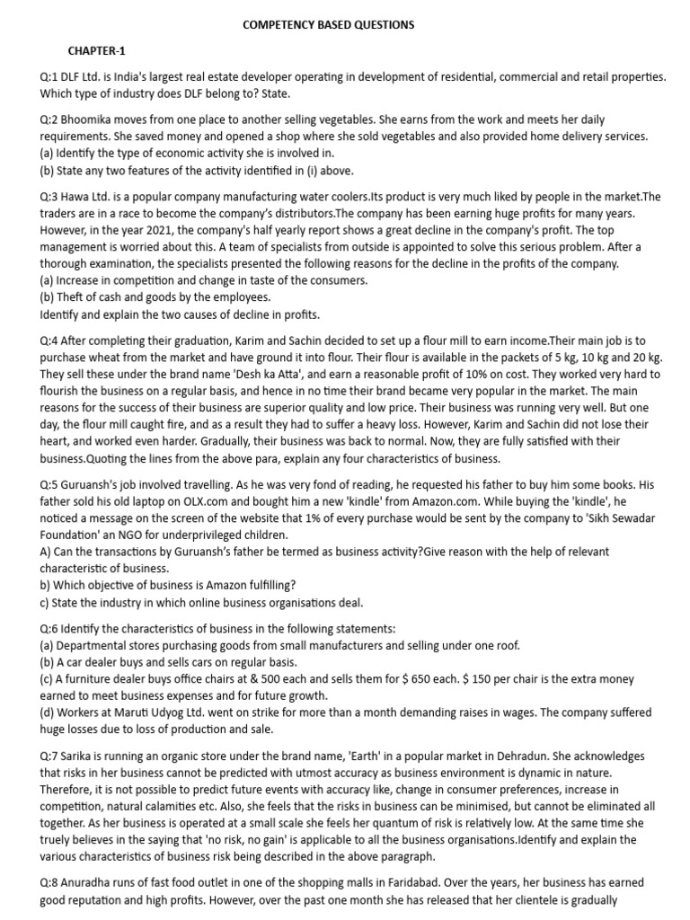 Competency based questions chapter-1 | PDF | Risk | Profit (Economics)