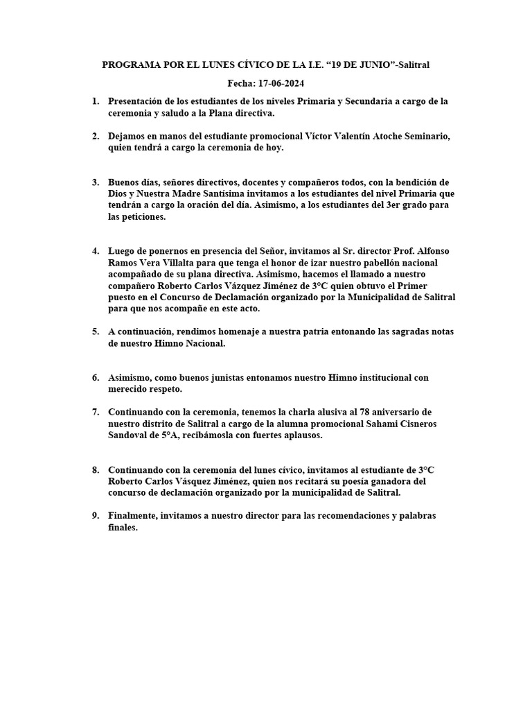 Programa Por El Lunes Cívico de La I.E. 19 de Junio | PDF | Hogar y ...