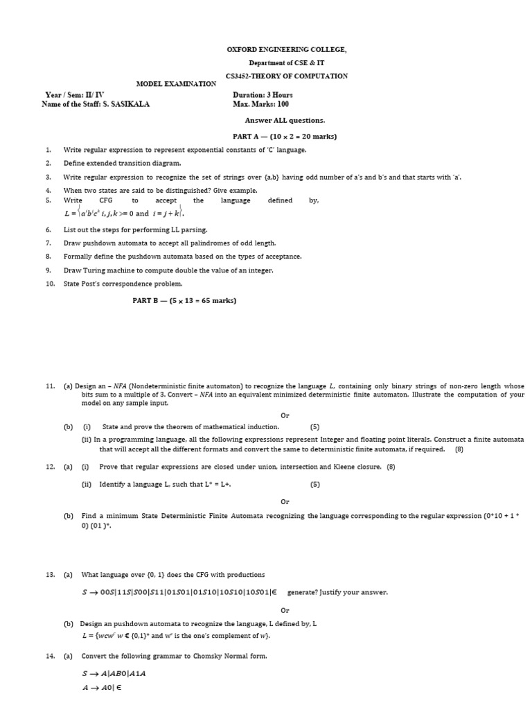 Toc First 3 Pages Model Qs Paper | PDF | Automata Theory | Theory Of Computation
