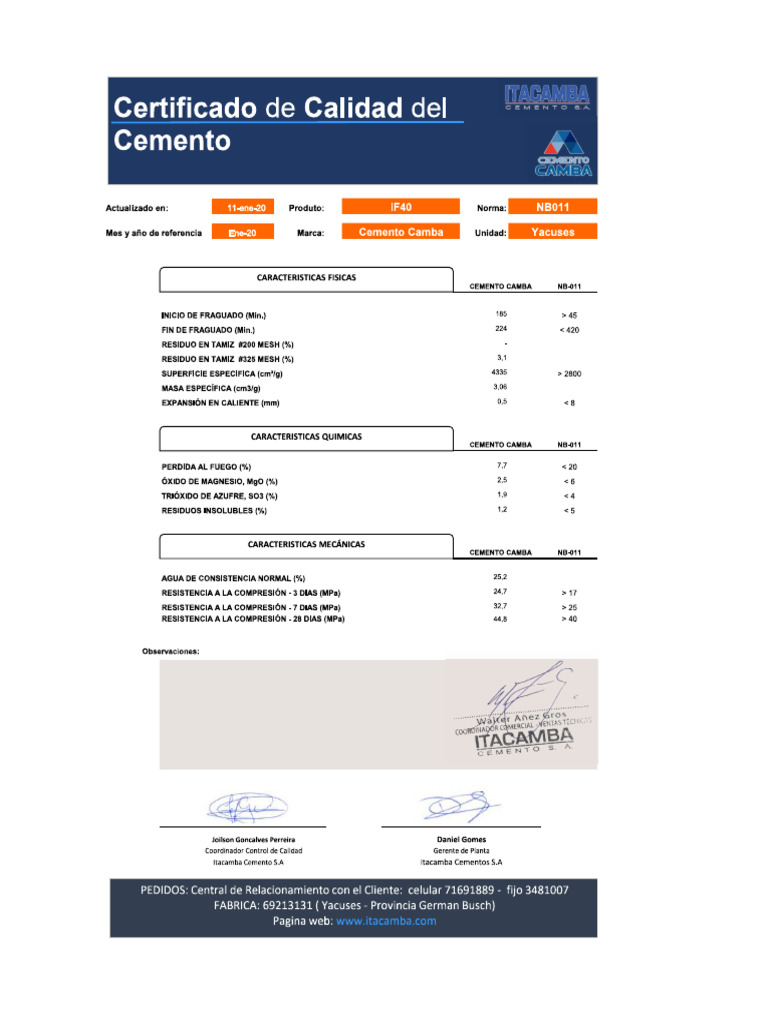 Certificado Cemento IP40 Enero | PDF
