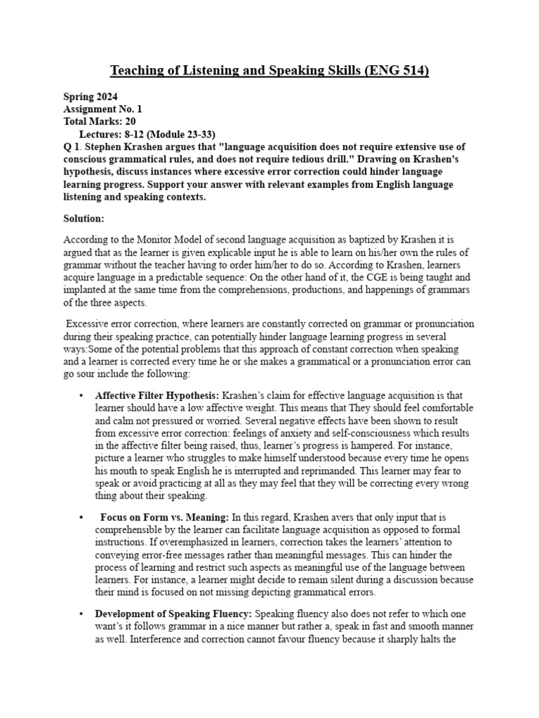 .Spring 2024 - ENG514 - Assignment Solution | PDF | Second Language | Learning