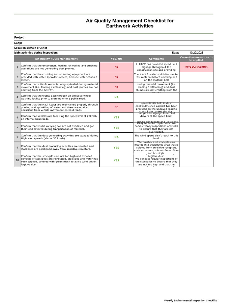Air Quality Management Checklist For Earthwork Activities-Main Crusher ...