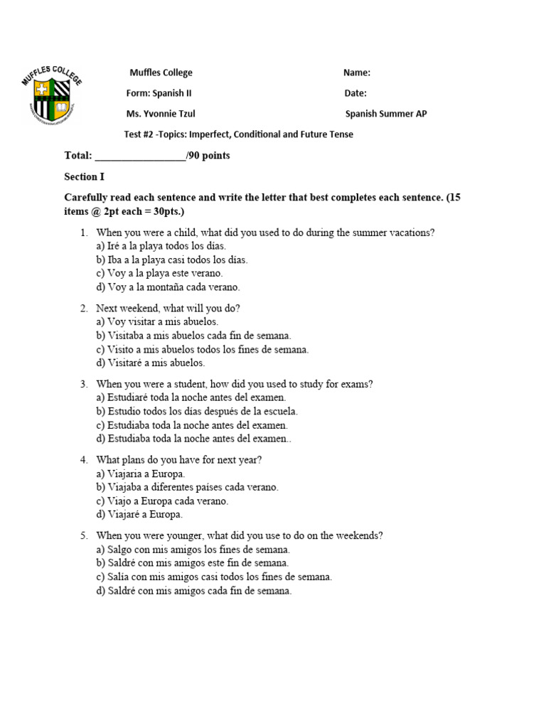 Summer AP Spanish Test Form 2 Test #2 Final | PDF