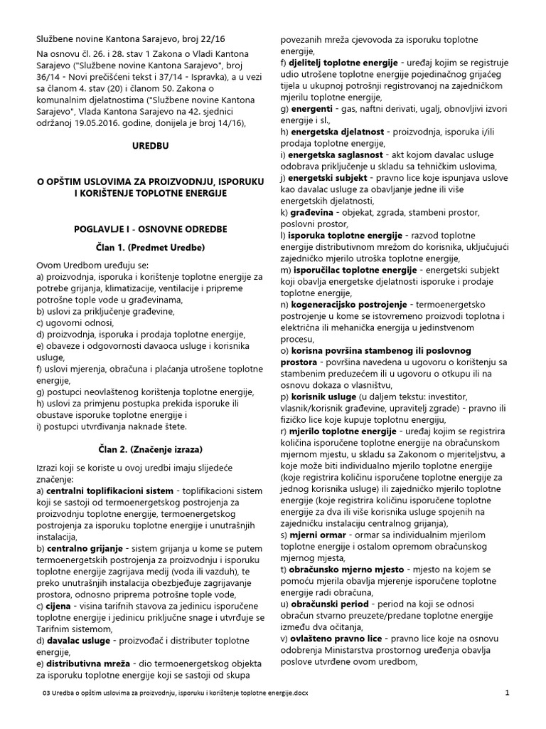 013 Uredba o Opštim Uslovima Za Proizvodnju, Isporuku I Korištenje Toplotne Energije | PDF