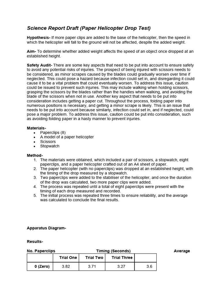 Science Report Draft (Paper Helicopter Drop Test) | PDF | Experiment | Mass
