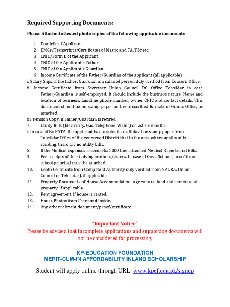 Required Documents for Scholarship Application | PDF