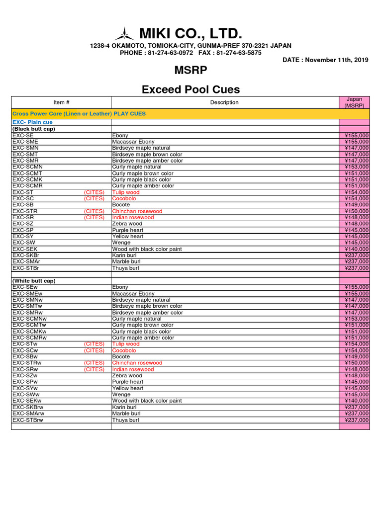 Exceed Pool Cues MSRP List 2019 | PDF