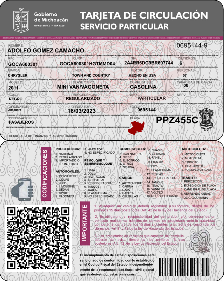 Tarjeta Circulación Michoacán 2023 Pdf Vehículo De Motor