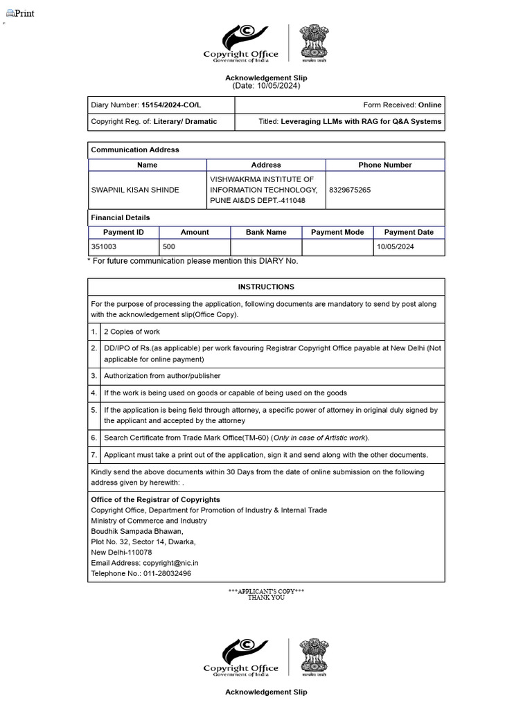 Acknowledgement Letter (Form IV) - Copyright Office | PDF | Service Industries