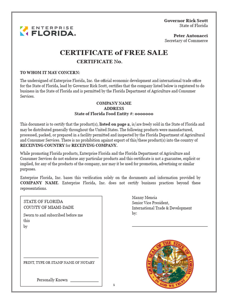 Enterprise Florida Inc - Certificate of Free Sale Example | PDF ...