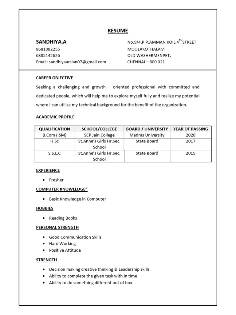 Resume of Sandhiya A - B.Com Graduate | PDF | Career & Growth | Wellness