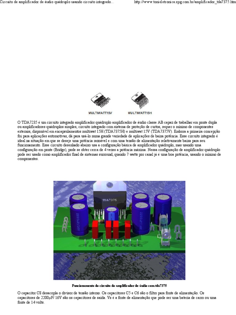 Circuito de Amplificador de Áudio Quádruplo Usando Circuito Integrado TDA7235 | PDF | Rede ...