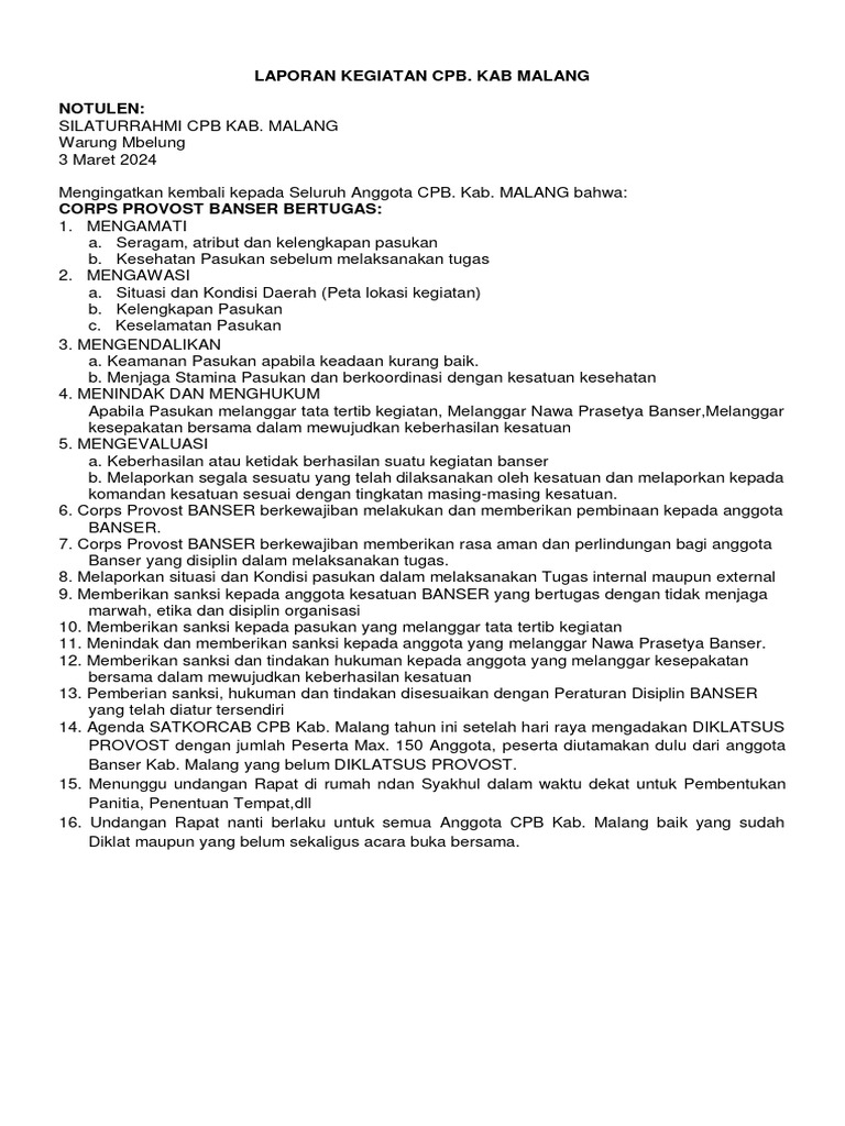 Laporan Kegiatan CPB Kab Malang 3 Maret 2024 | PDF