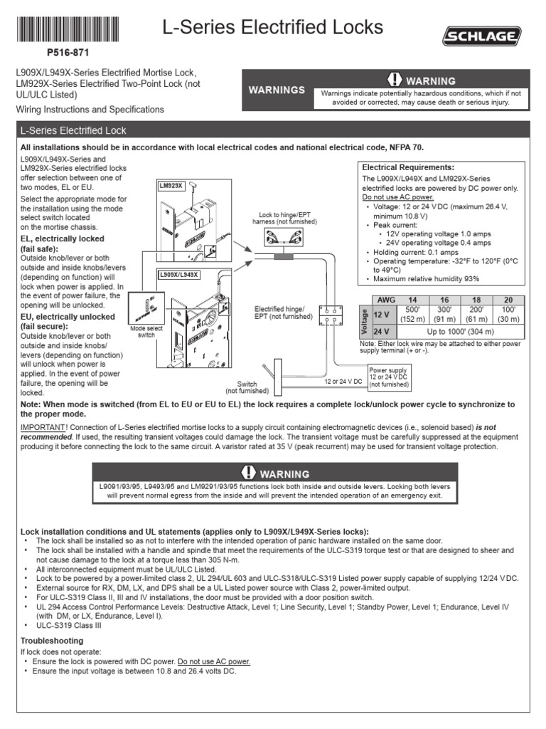 Schlage L-Series Electrified Lock Instructions 110539 | PDF | Power ...