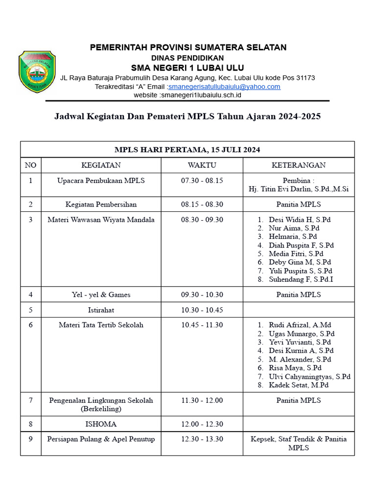 Jadwal Kegiatan Dan Pemateri MPLS Tahun Ajaran 2023-2024 NEW | PDF
