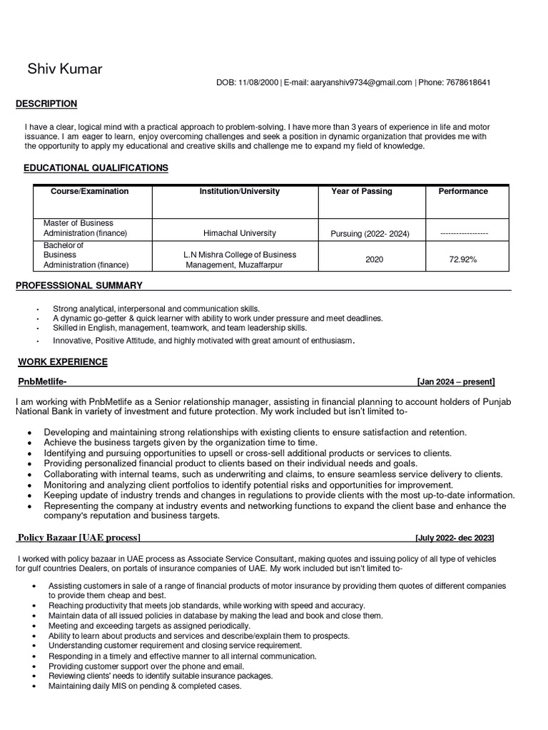 shiv kumar updated resume_1719811290694_Shiv Kumar | Download Free PDF | Insurance | Databases