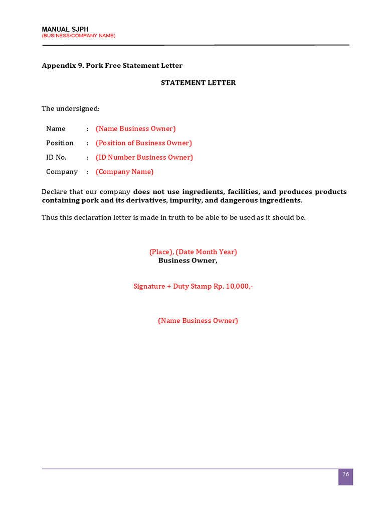 Pork Free Declaration Letter Template | PDF