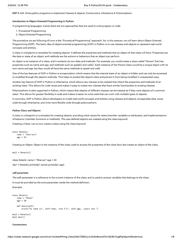Exp 5 Python23-24.ipynb - Colaboratory | PDF | Object Oriented Programming | Method (Computer ...