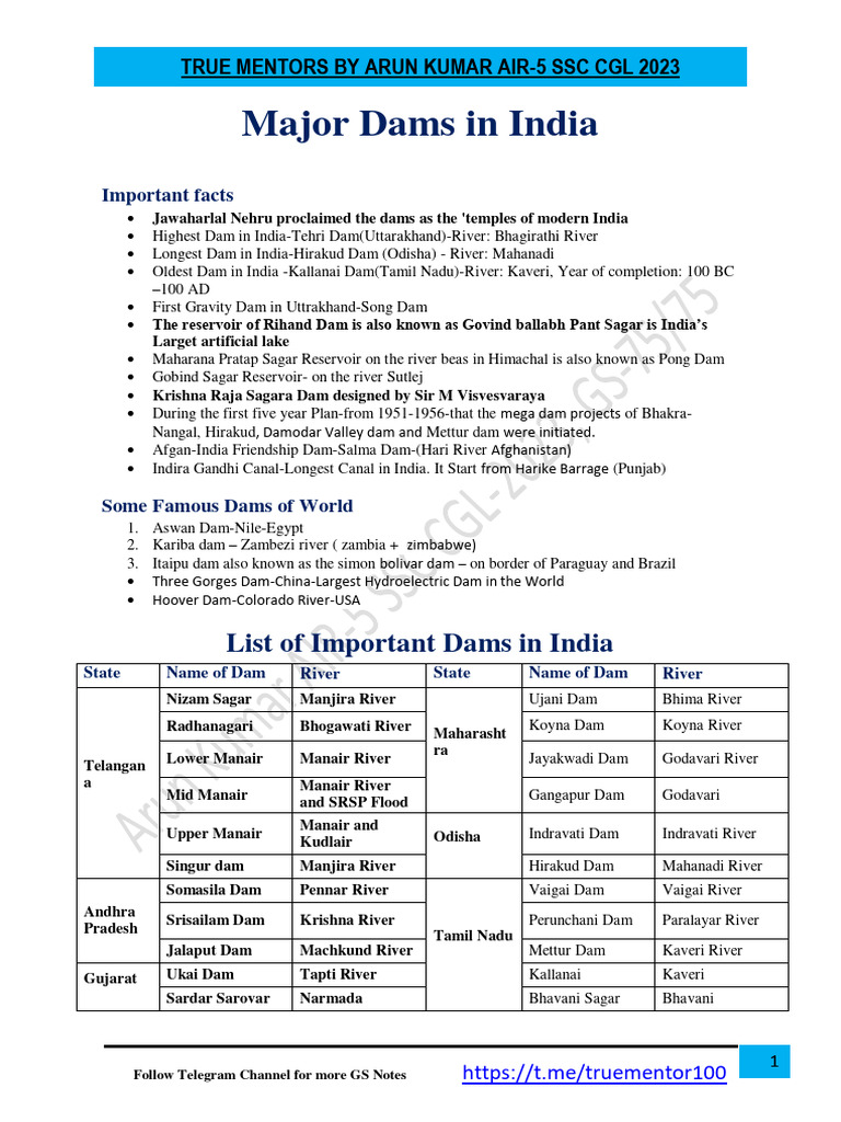 Major Dams in India Notes by Arun Kumar | PDF | Infrastructure | Bodies ...