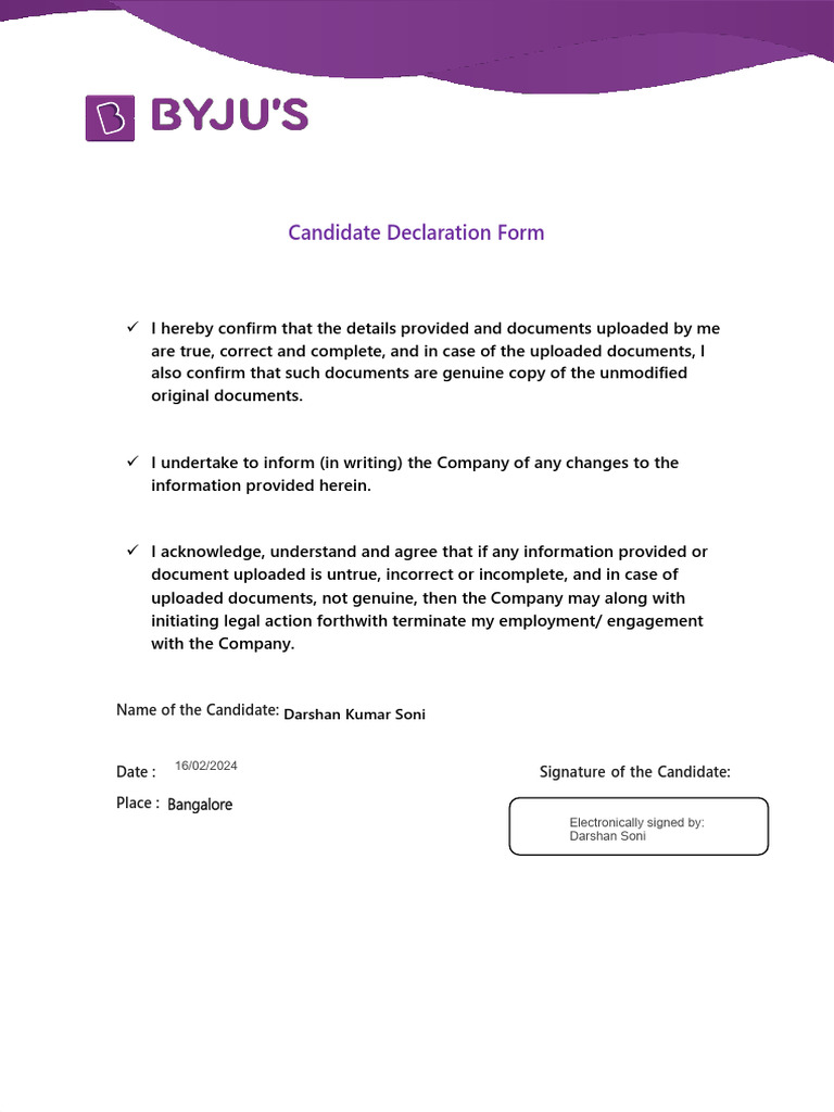 Candidate Declaration Form: Name of The Candidate | PDF