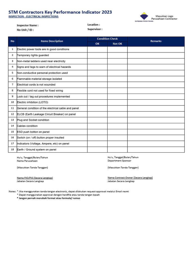 Electrical Inspection Form Mitrakerja STM HSR KPI 2023 | PDF | Electrical Connector ...