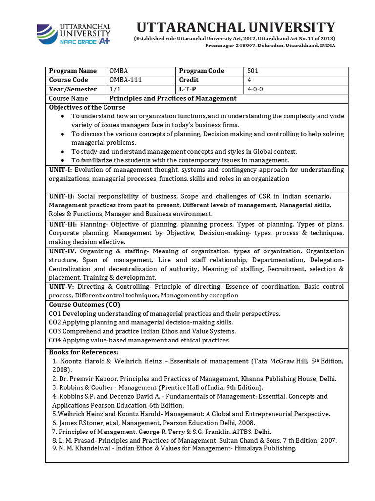 Principles and Practices of Management Syllabus | PDF | Corporate ...