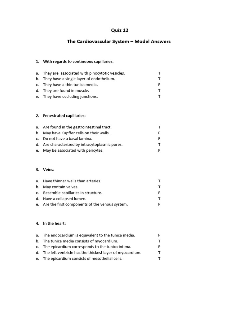 Quiz 12 - The Cardiovascular System Answers | PDF | Vein | Capillary