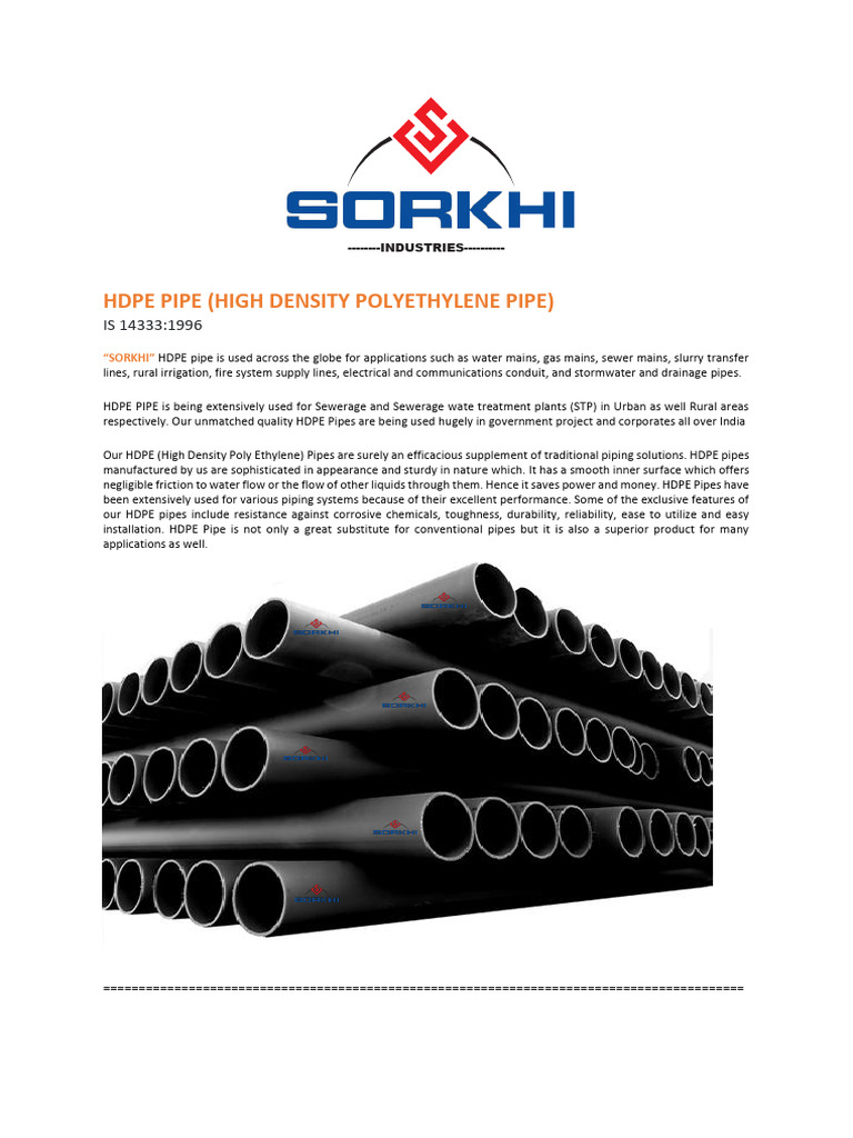 HDPE PIPE IS 14333 Catalogue Sorkhi | Download Free PDF | Pipe (Fluid ...