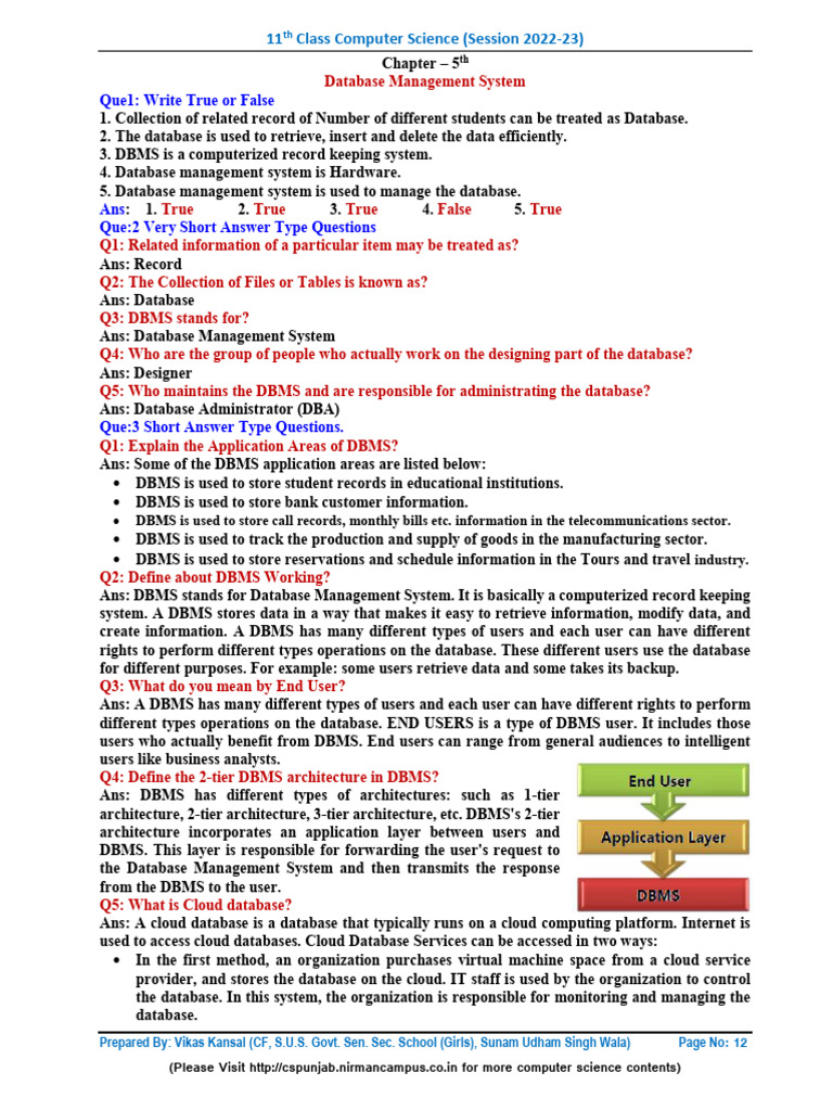 11 Class Computer Science (Session 2022-23) : Que1: Write True or False | PDF | Databases ...