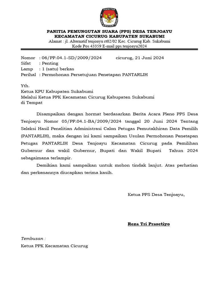 Surat Permohonan Usulan Persetujuan Pantarlih | PDF