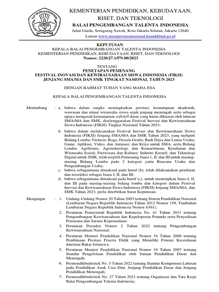 Surat Keputusan Penetapan Pemenang Festival Inovasi Dan Kewirausahaan ...