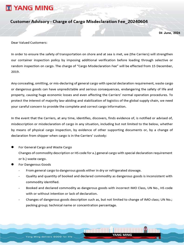 Customer Advisory - Charge of Cargo Misdeclaration Fee - 20240604 | PDF ...