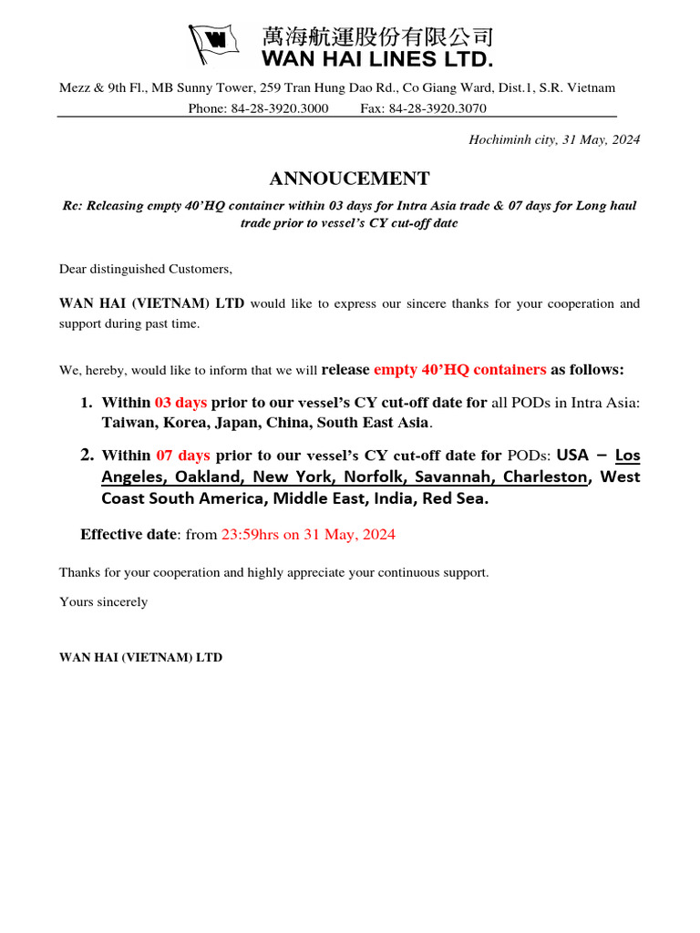 RELEASING 40'HQ EMPTY CONTAINER WITHIN 03 DAYS FOR IA and 07 DAYS FOR ...