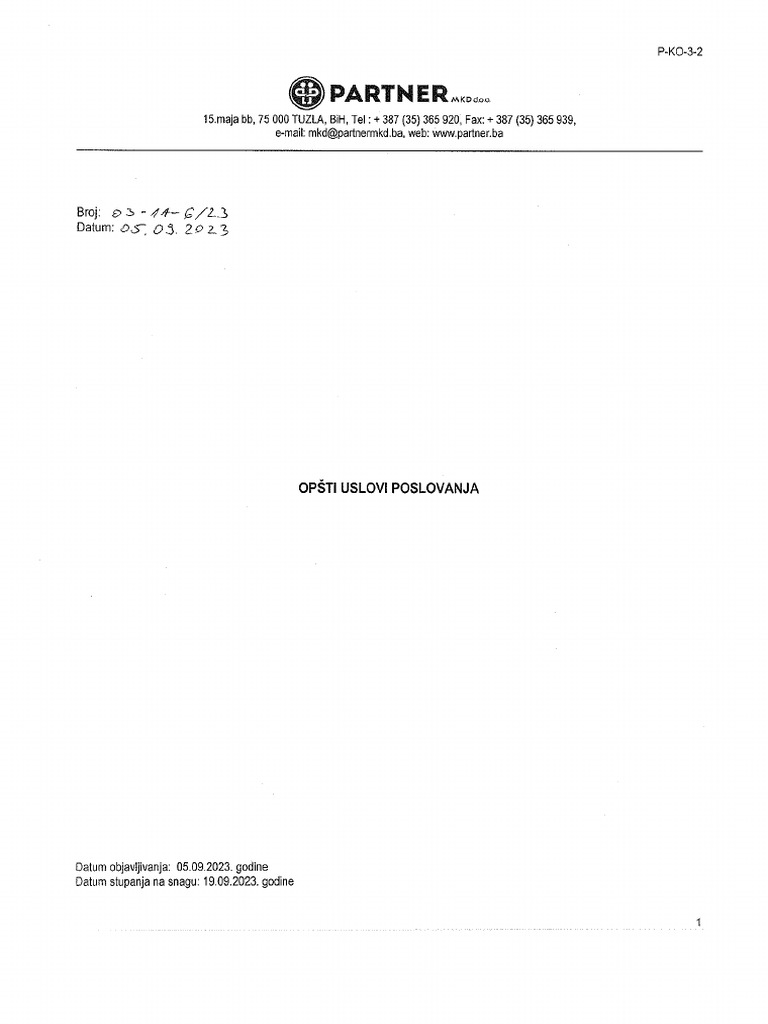 Opšti Uslovi Poslovanja MKD Partner Septembar 2023 | PDF