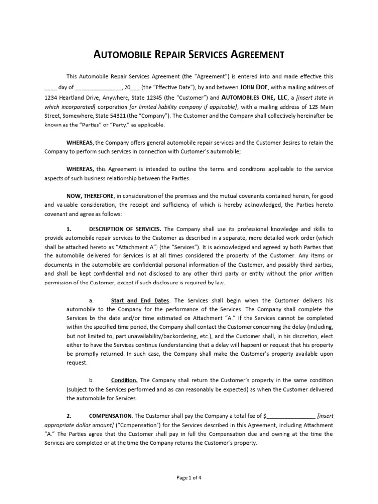 Auto Repair Contract Template | PDF | Arbitration | Mediation