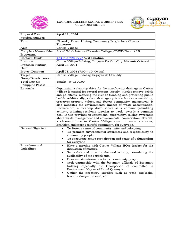 Caritas Village Clean-Up Drive Proposal | PDF | Environmental ...