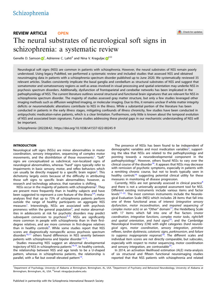 The Neural Substrates of Neurological Soft Signs in Schizophrenia: A ...
