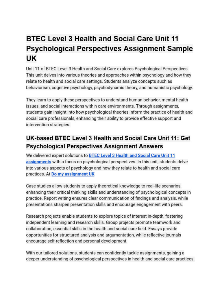 BTEC Level 3 Health and Social Care Unit 11 Psychological Perspectives Assignment Sample UK ...