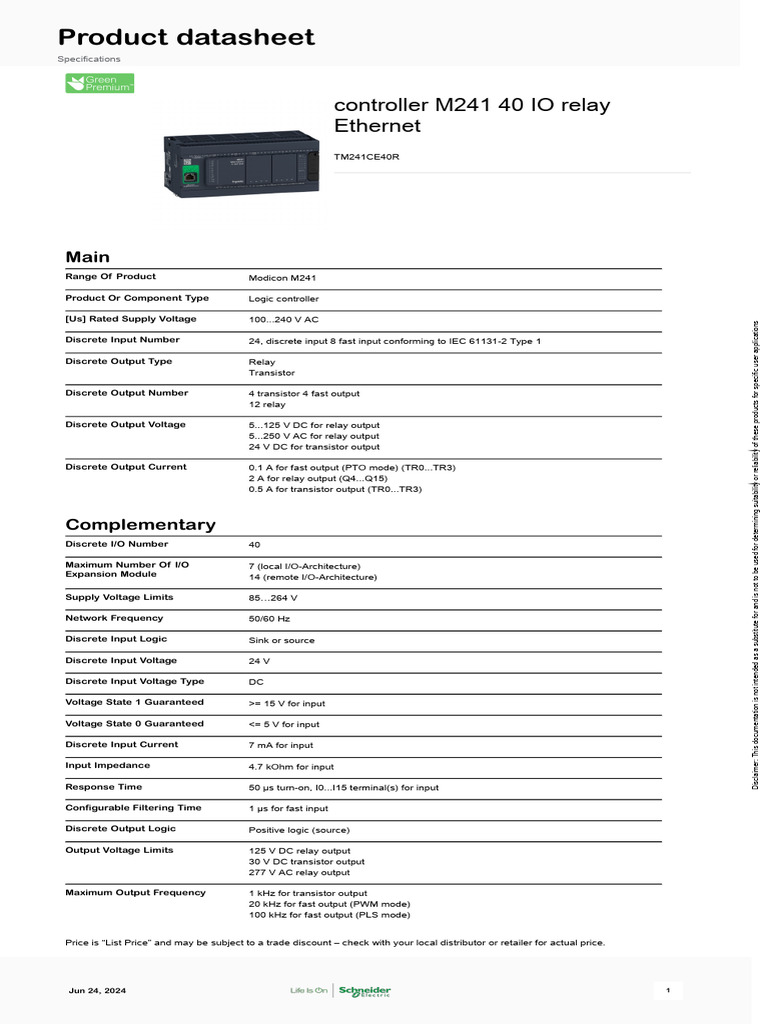 Schneider Electric - Logic-Controller-Modicon-M241 - TM241CE40R | PDF | Relay | Logic Gate