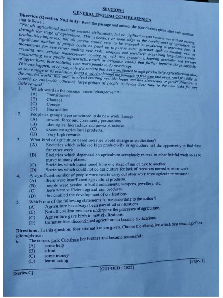 Bihar B.Ed - CET Entrance 2023 Question Paper | PDF