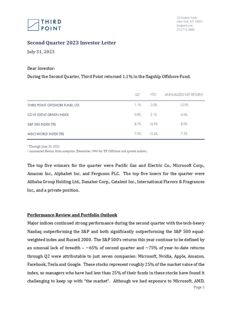 Third Point q2 2023 Investor Letter Tpil | PDF | High Yield Debt | Credit
