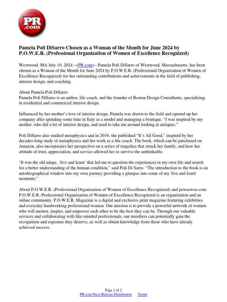 Pamela Poli DiSarro Chosen As A Woman of The Month For June 2024 by P.O ...