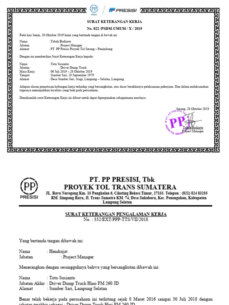 SURAT KETERANGAN KERJA PT. PP Presisi | PDF