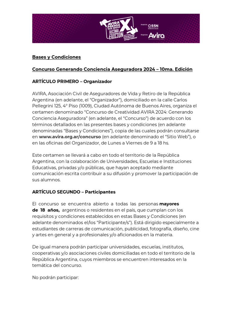 Bases y Condiciones Concurso Creatividad AVIRA 2024 | PDF | Seguro Bases y Condiciones Concurso Creatividad AVIRA 2024 | PDF | Seguro